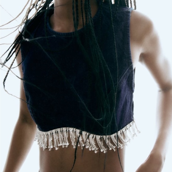 Zara | Tops | Zara Denim Crop Top With Jewel Tassel | Poshmark
